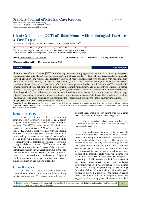 (PDF) Giant Cell Tumor (GCT) of Distal Femur with Pathological Fracture ...