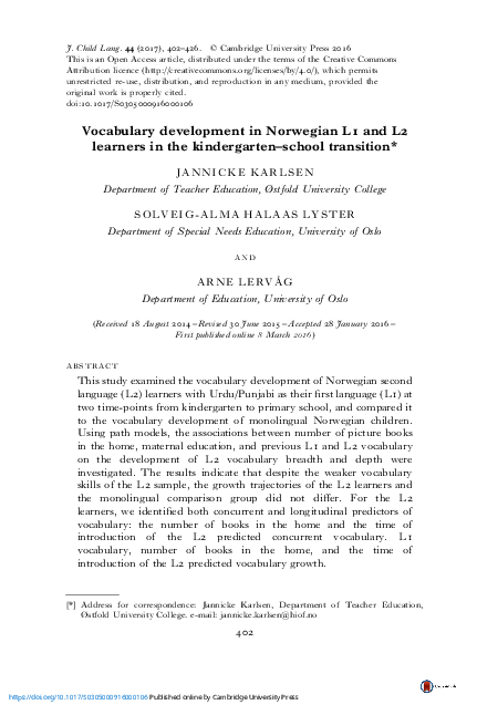 (PDF) Vocabulary development in Norwegian L1 and L2 learners in the ...
