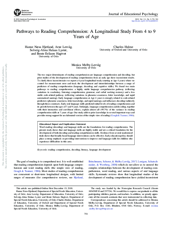 (PDF) Pathways to reading comprehension: A longitudinal study from 4 to ...