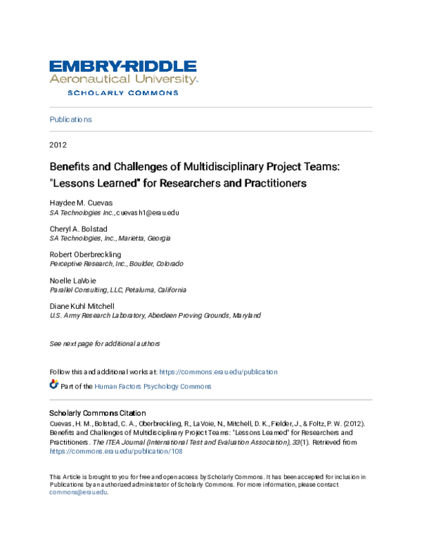 (PDF) Benefits and Challenges of Multidisciplinary Project Teams: "Lessons Learned" for ...