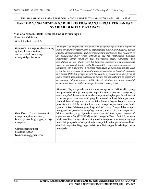 (PDF) Faktor Yang Mempengaruhi Kinerja Manajerial Perbankan Syariah DI Kota Mataram