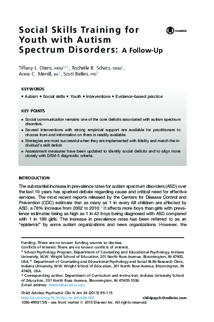 (PDF) Social Skills Training for Youth with Autism Spectrum Disorders