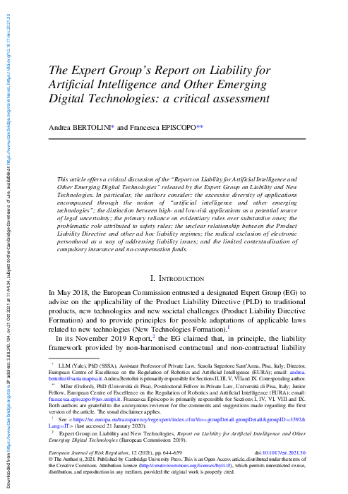 (PDF) The Expert Group’s Report on Liability for Artificial Intelligence and Other Emerging ...