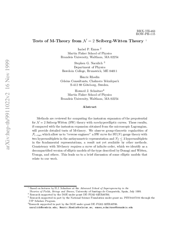 (PDF) Tests of M-theory from N=2 Seiberg-Witten theory