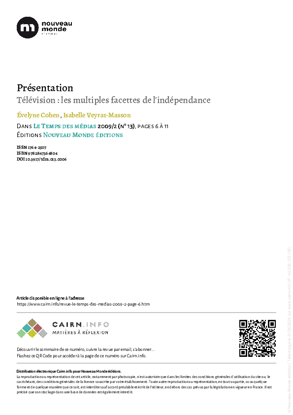 (PDF) Présentation: Télévision : les multiples facettes de l'indépendance