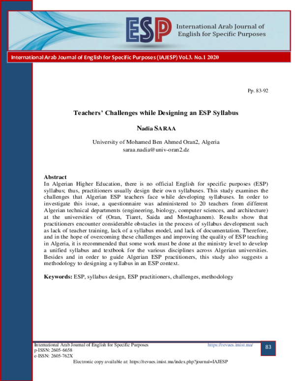 (PDF) Teachers’ Challenges while Designing an ESP Syllabus