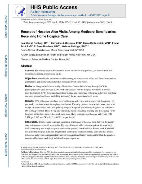 (PDF) Receipt of Hospice Aide Visits Among Medicare Beneficiaries ...