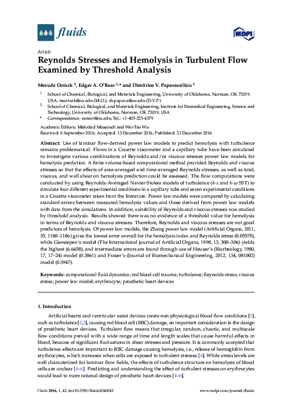 (PDF) Reynolds Stresses and Hemolysis in Turbulent Flow Examined by Threshold Analysis