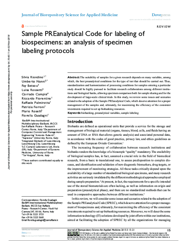 (PDF) Sample PREanalytical Code for labeling of biospecimens: an ...