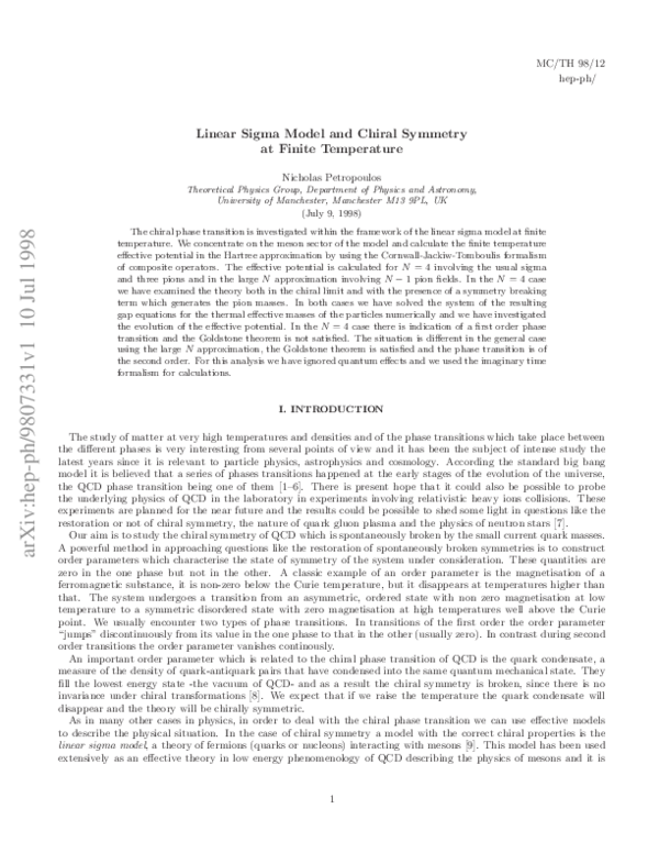 (PDF) Linear sigma model and chiral symmetry at finite temperature