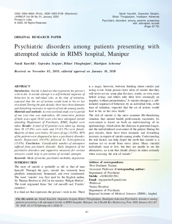 (PDF) Psychiatric disorders among patients presenting with attempted ...