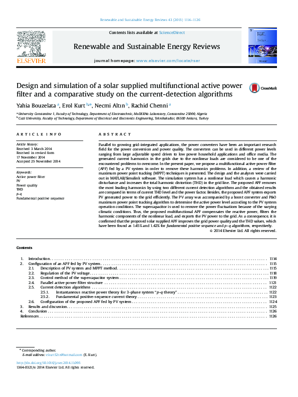(PDF) Design and simulation of a solar supplied multifunctional active power filter and a ...