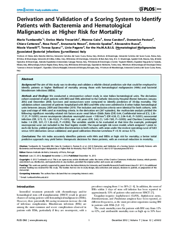 Pdf Derivation And Validation Of A Scoring System To Identify