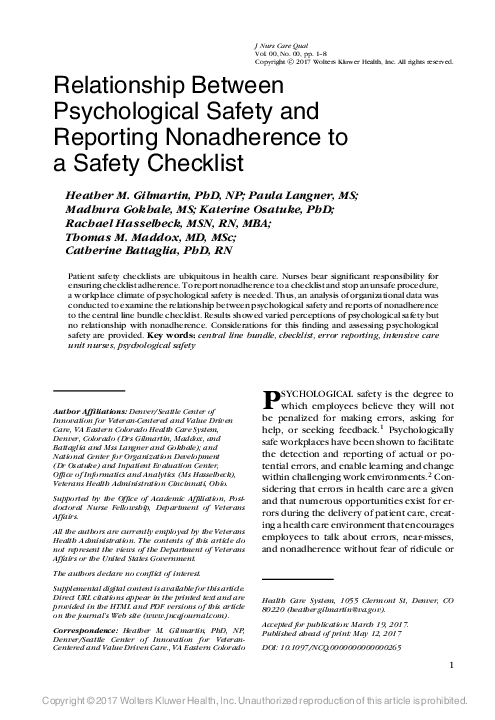 (PDF) Relationship Between Psychological Safety and Reporting ...