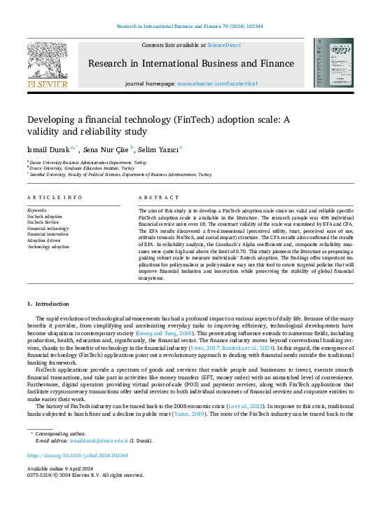 (PDF) Developing a Financial Technology (FinTech) Adoption Scale: A ...