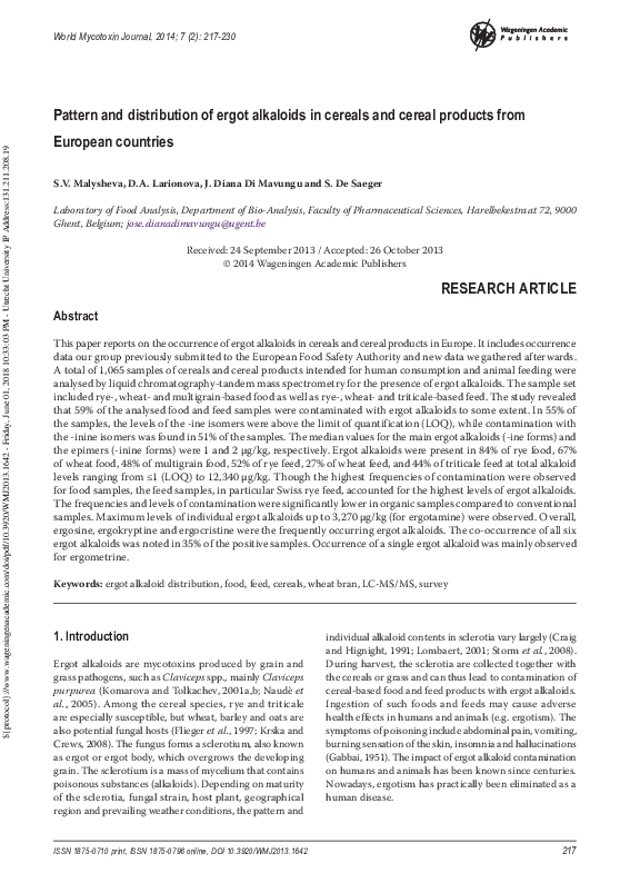 (PDF) Pattern and distribution of ergot alkaloids in cereals and cereal ...