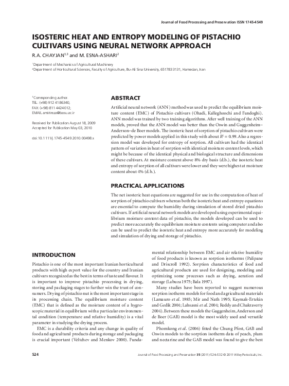 (PDF) Isosteric Heat and Entropy Modeling of Pistachio Cultivars Using Neural Network Approach