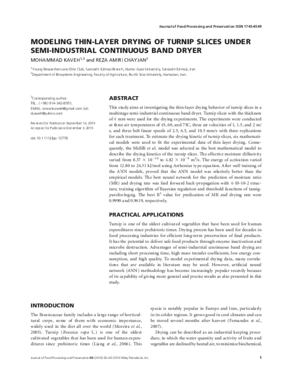 (PDF) Modeling Thin-Layer Drying of Turnip Slices Under Semi-Industrial Continuous Band Dryer