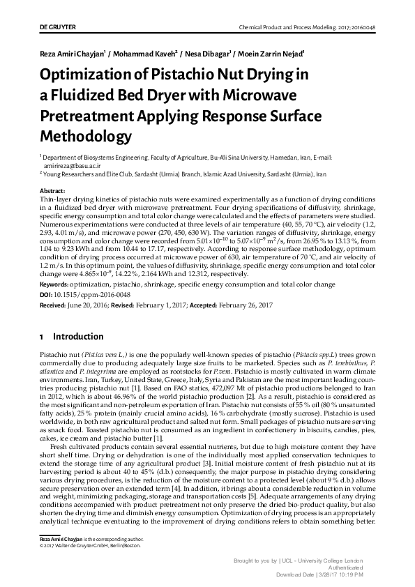 (PDF) Optimization of Pistachio Nut Drying in a Fluidized Bed Dryer with Microwave Pretreatment ...