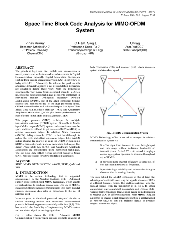(PDF) Space Time Block Code Analysis for MIMO-OFDM System | Vinay Nassa - Academia.edu