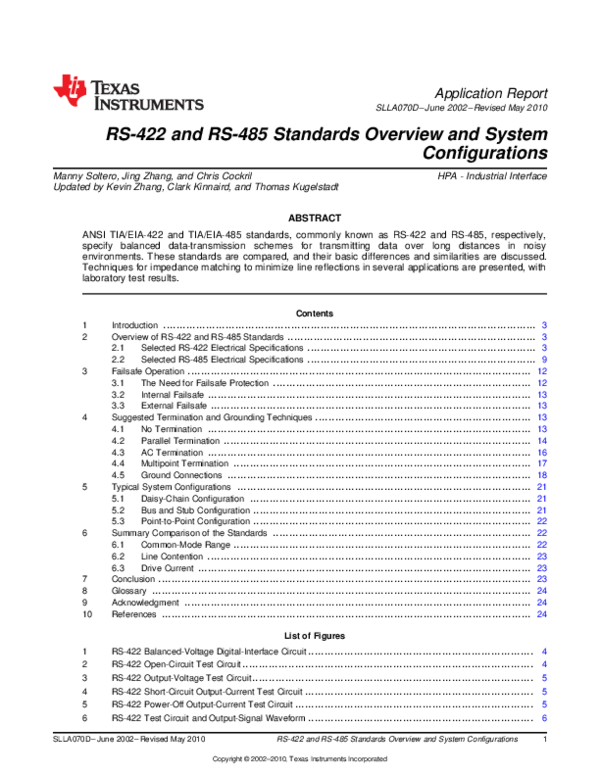 (PDF) RS-422 and RS-485 Standards Overview and System Configurations