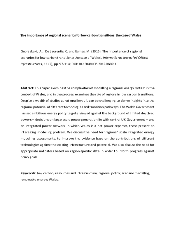 (PDF) The importance of regional scenarios for low carbon transitions: the case of Wales