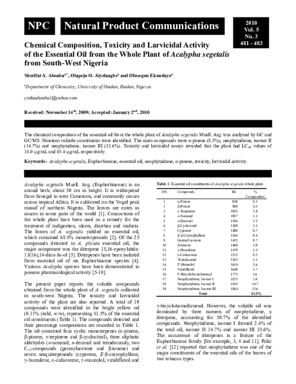 (PDF) Chemical Composition, Toxicity and Larvicidal Activity of the Essential Oil from the Whole ...