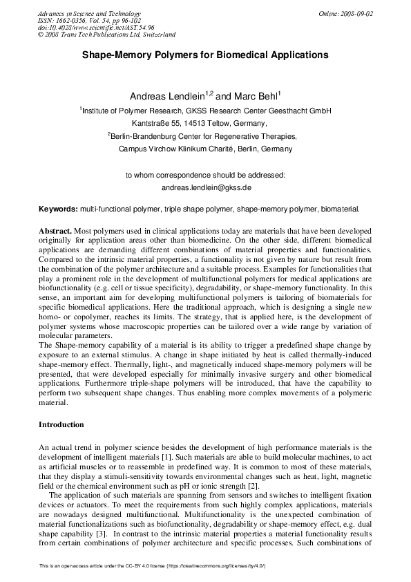 (PDF) Shape-Memory Polymers for Biomedical Applications