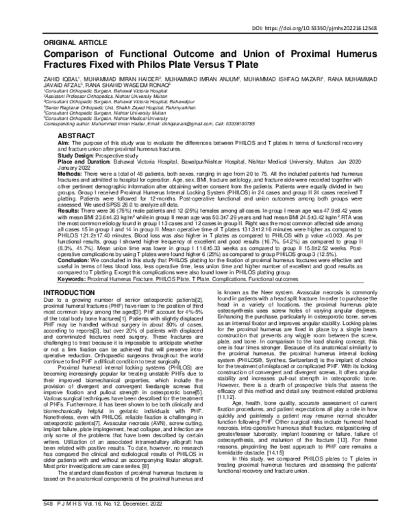 (PDF) Comparison of Functional Outcome and Union of Proximal Humerus Fractures Fixed with Philos ...