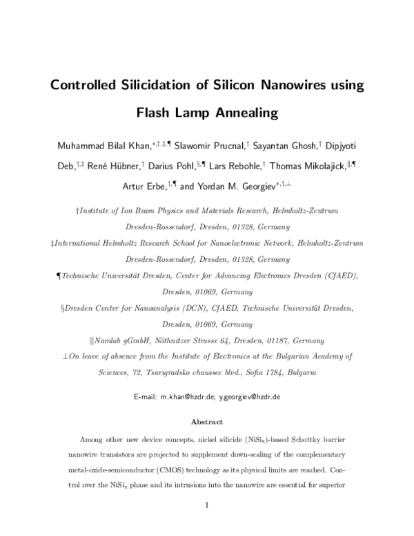 (PDF) Controlled Silicidation of Silicon Nanowires Using Flash Lamp ...