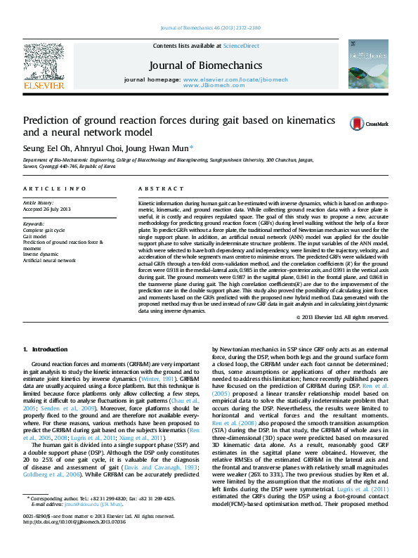 (PDF) Prediction of ground reaction forces during gait based on kinematics and a neural network ...