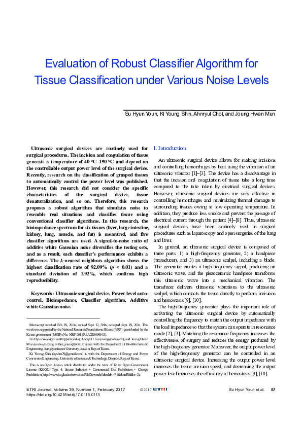 (PDF) Evaluation of Robust Classifier Algorithm for Tissue Classification under Various Noise Levels