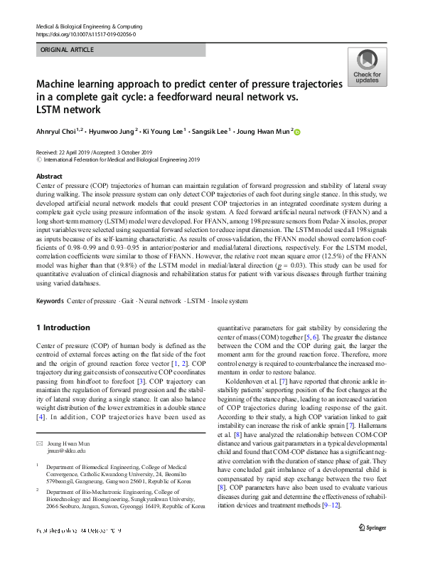 Pdf Machine Learning Approach To Predict Center Of Pressure Trajectories In A Complete Gait