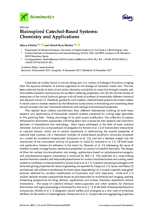 (PDF) Bioinspired Catechol-Based Systems: Chemistry and Applications