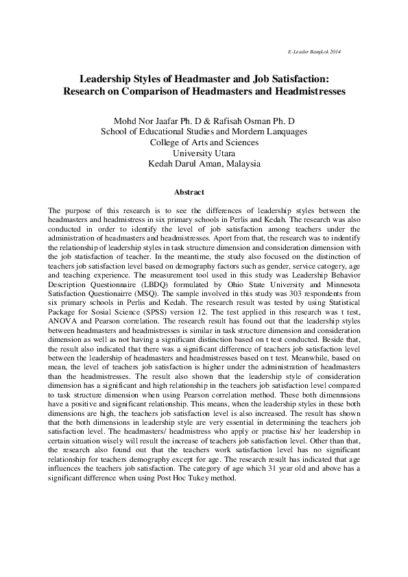 (PDF) Leadership Styles of Headmaster and Job Satisfaction : Research ...