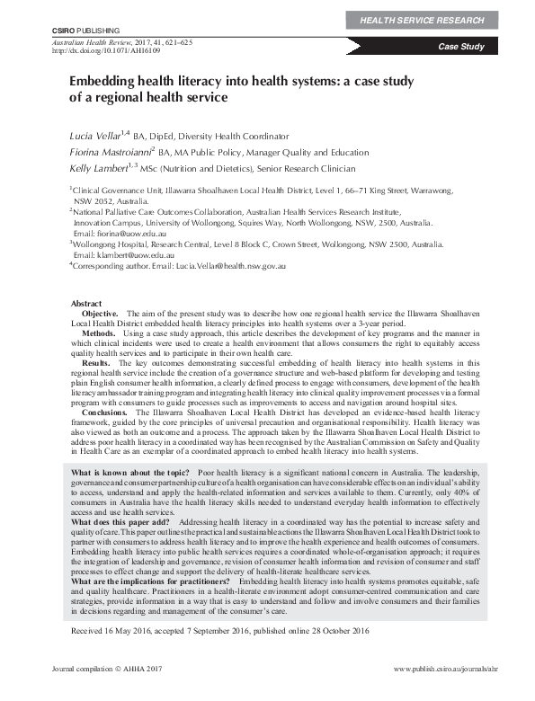 (PDF) Embedding health literacy into health systems: a case study of a ...