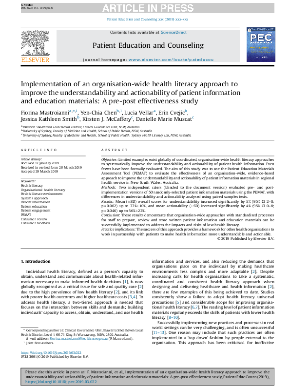 (PDF) Implementation of an organisation-wide health literacy approach ...