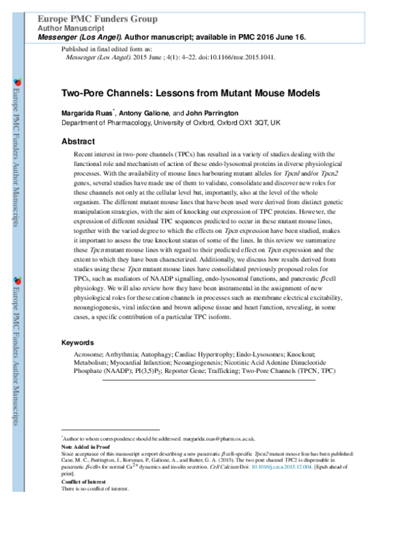 (PDF) Two-Pore Channels: Lessons from Mutant Mouse Models