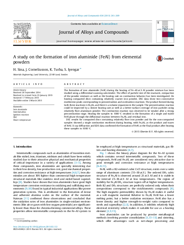 (PDF) A study on the formation of iron aluminide (FeAl) from elemental ...