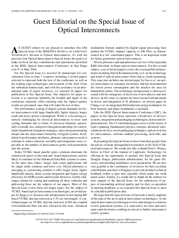 (PDF) Guest Editorial on the Special Issue of Optical Interconnects
