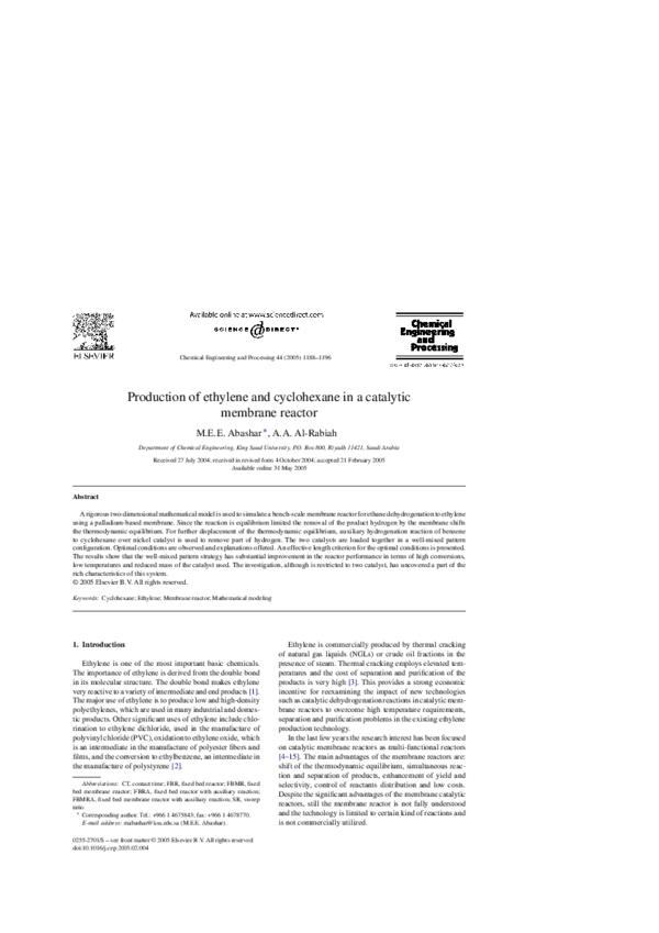(PDF) Production of ethylene and cyclohexane in a catalytic membrane ...