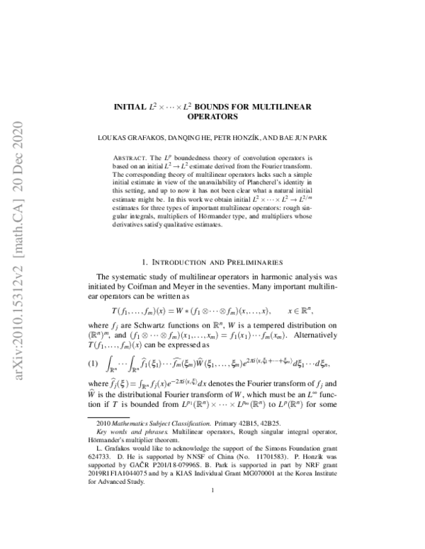 (PDF) Initial $L^2\times\cdots\times L^2 $ bounds for multilinear operators