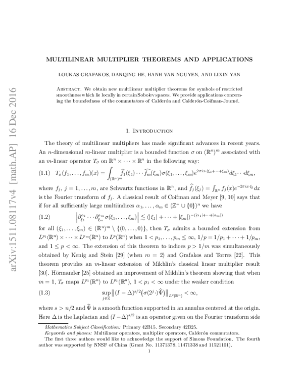 (PDF) Multilinear Multiplier Theorems and Applications