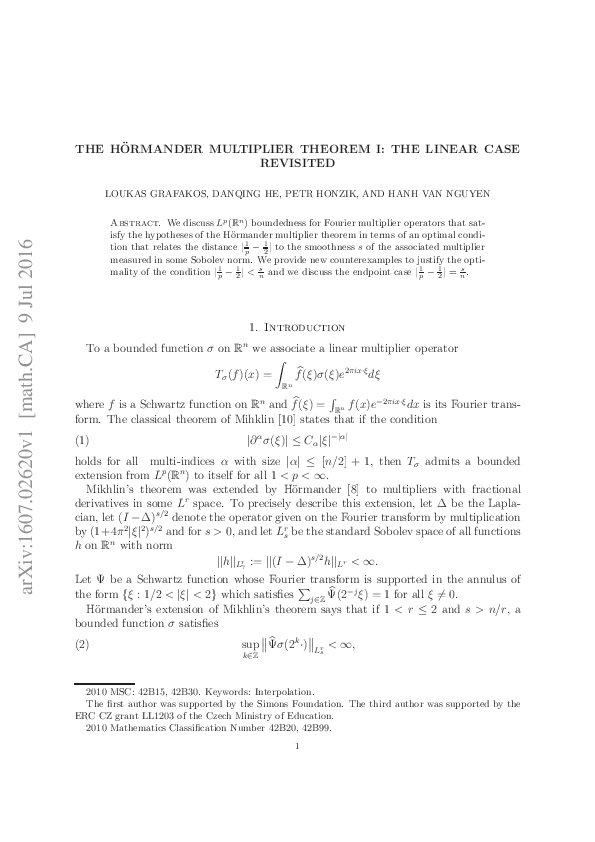 Pdf The H Ormander Multiplier Theorem I The Linear Case