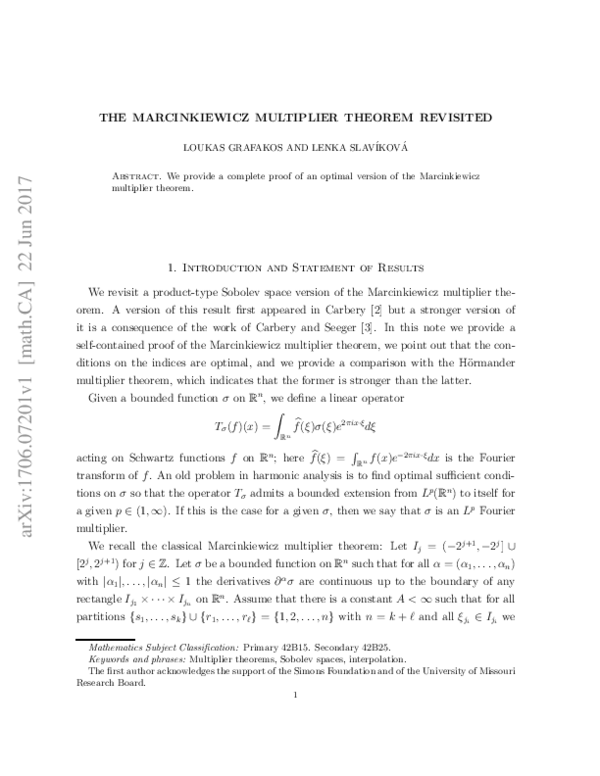 (PDF) The Marcinkiewicz multiplier theorem revisited