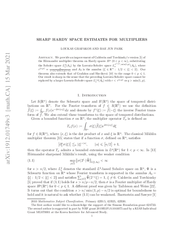 (PDF) Sharp Hardy space estimates for multipliers