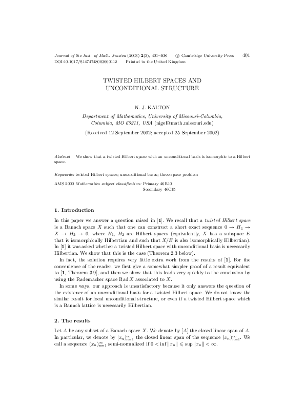 (PDF) Twisted Hilbert Spaces and Unconditional Structure