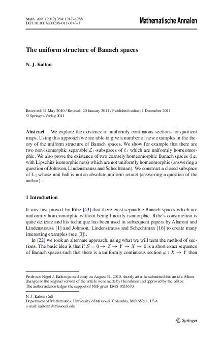 Pdf The Uniform Structure Of Banach Spaces