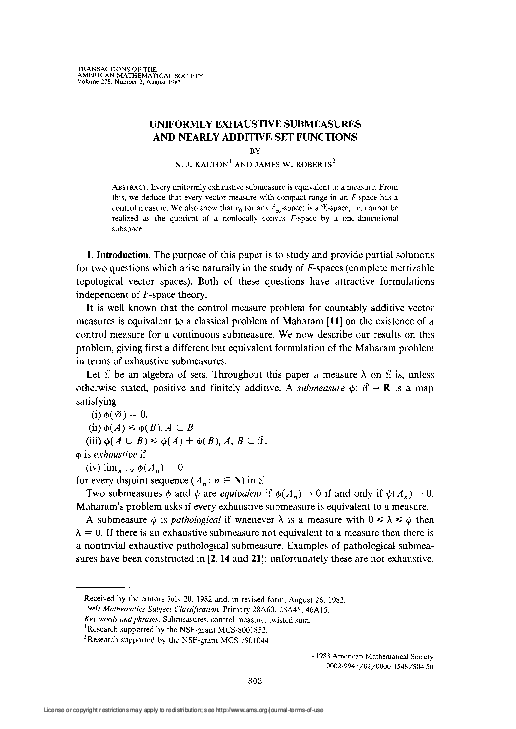 (PDF) Uniformly Exhaustive Submeasures and Nearly Additive set Functions