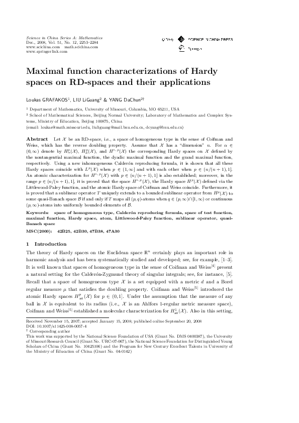 (PDF) Maximal function characterizations of Hardy spaces on RD-spaces and their applications